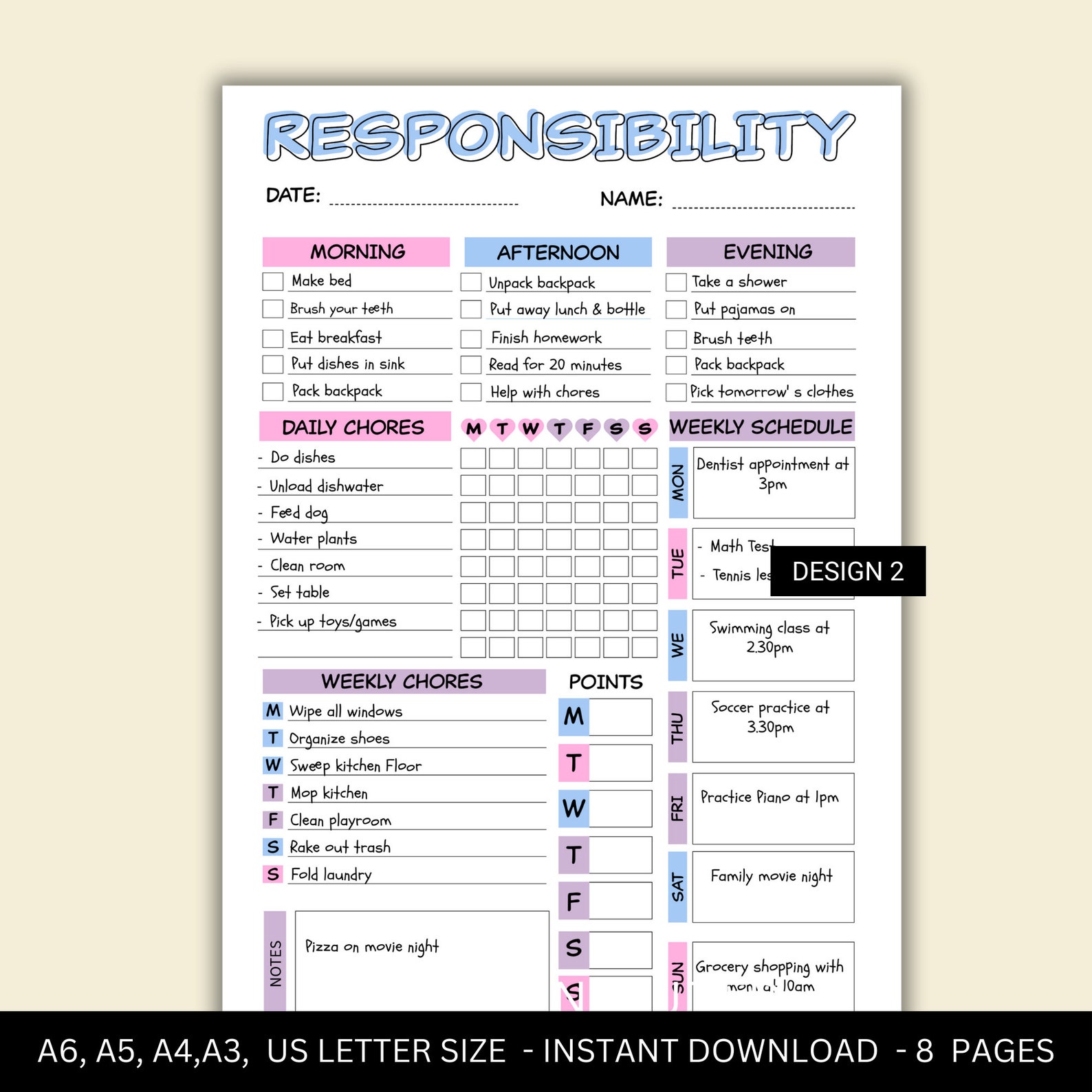 Editable Responsibility Chore Chart for Kids Printable Daily and Weekly ...