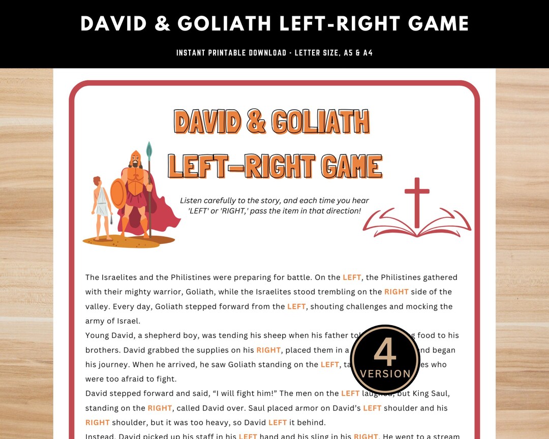 David and Goliath Game Left-right Game - Printable Bible Study and Church Party Game - Christian ...