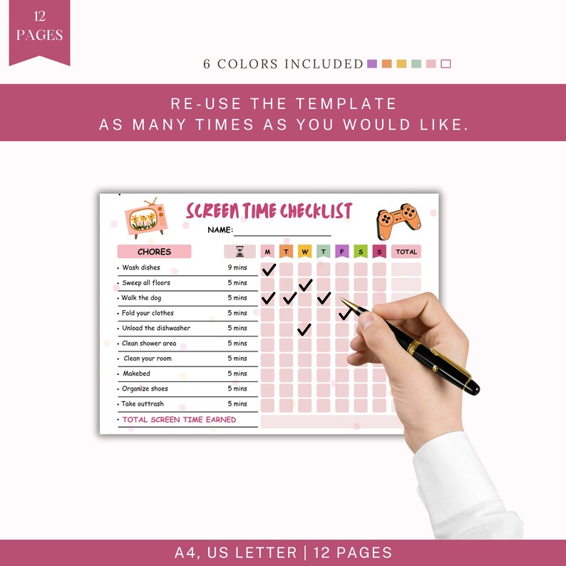 Editable Screen Time Chore Chart Printable, Screen Time Chart Checklist ...