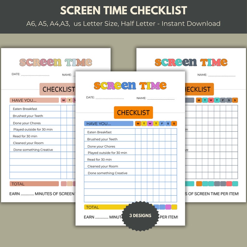 Editable Screen Time Chore Chart Printable, Screen Time Chart Checklist, Screen Time Tracker ...