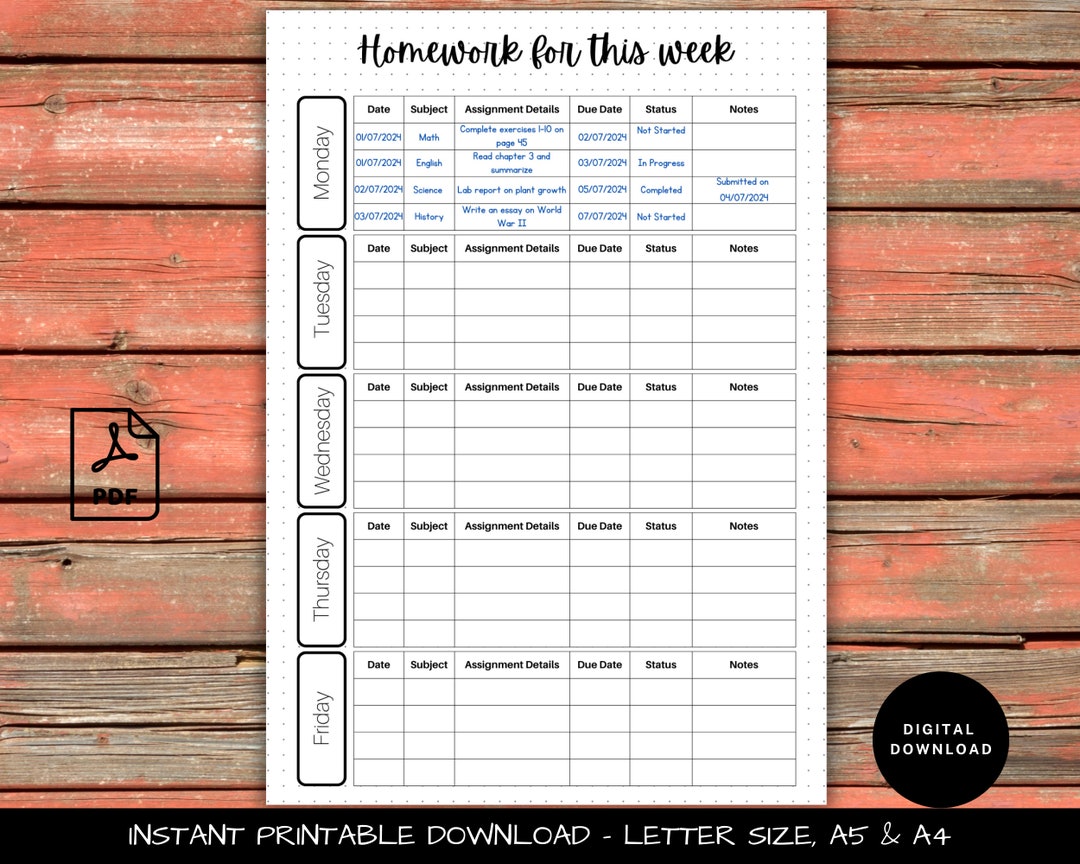 Printable Homework Tracker - Student Planner, Journal Page - Weekly ...