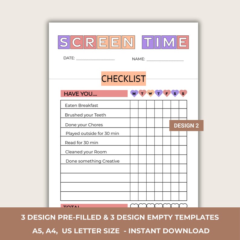 Editable Screen Time Chore Chart Printable, Screen Time Chart Checklist ...