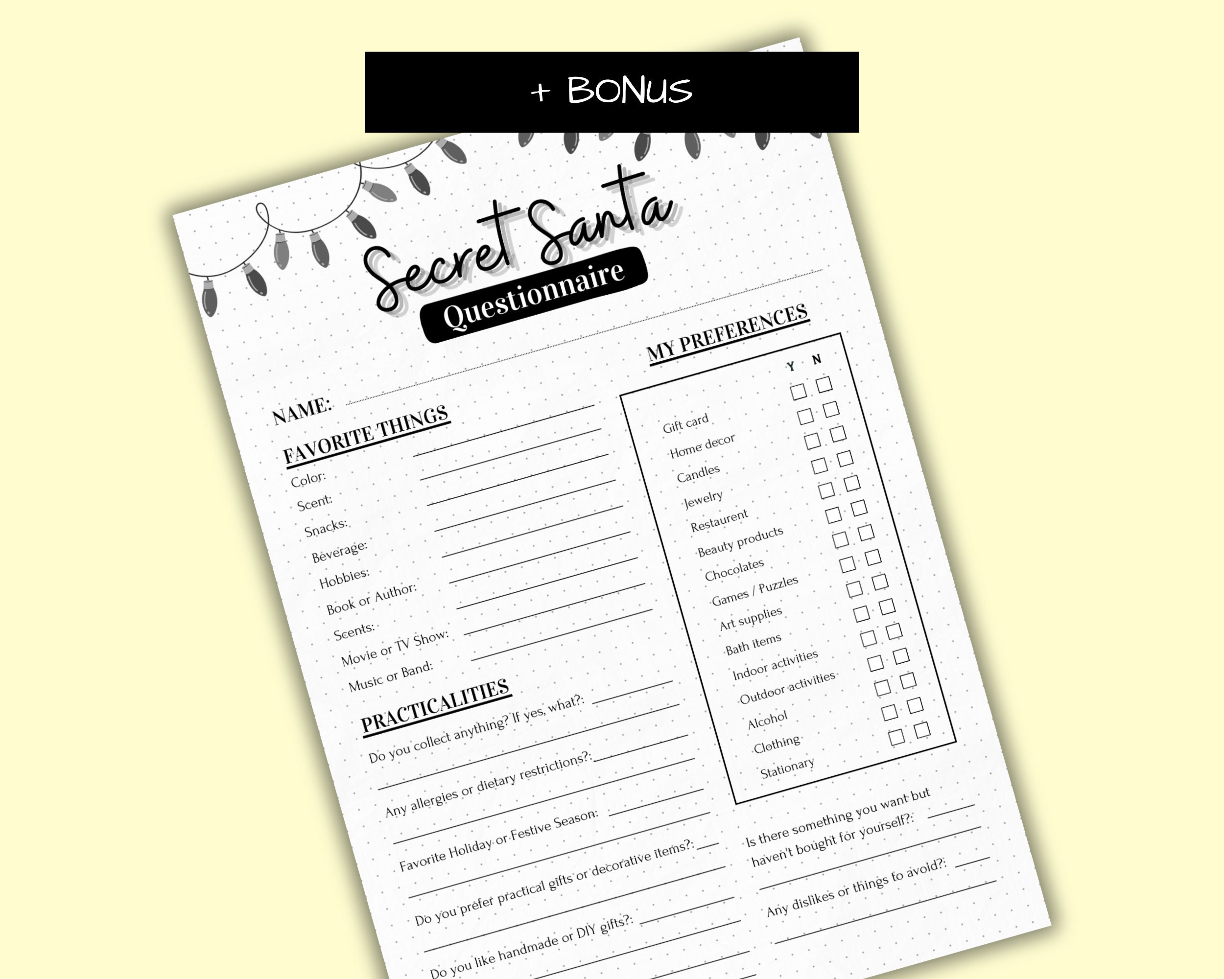 Secret Santa Questionnaire - Office Gift Exchange Form | Christmas Get ...