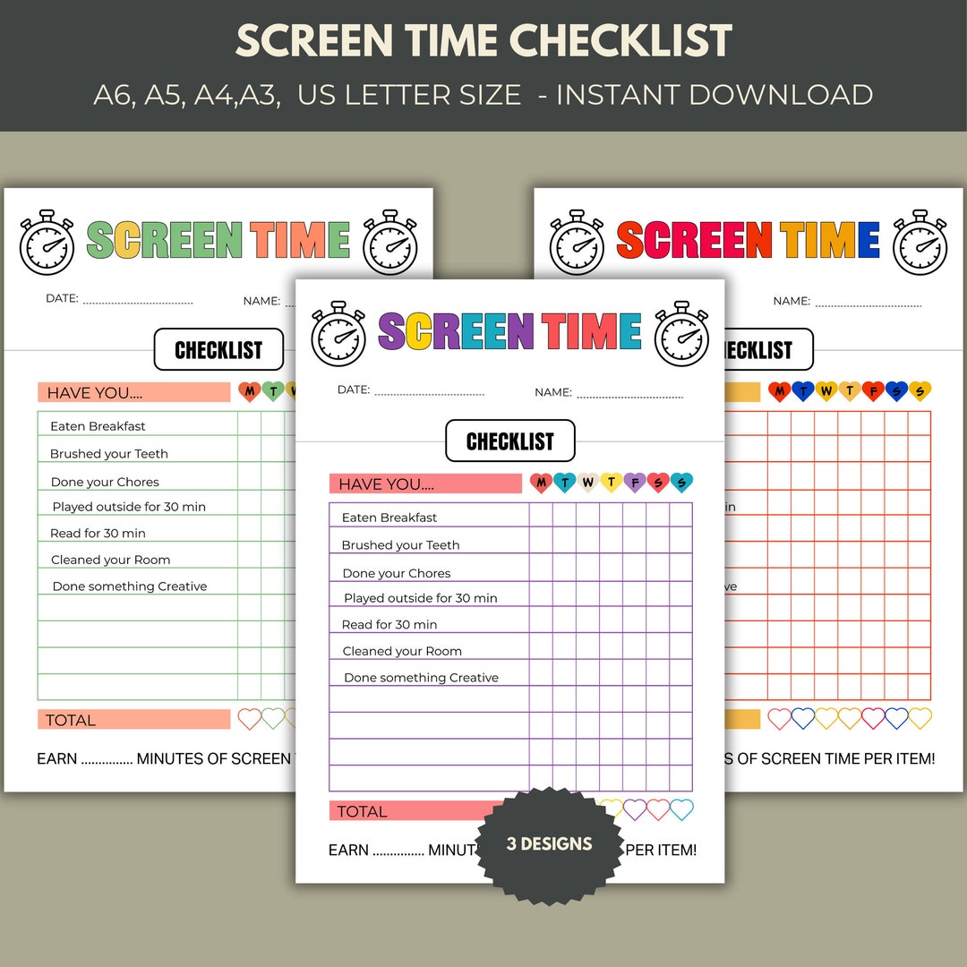Screen Time Chart Checklist, Editable Printable Screen Time Task Chart ...