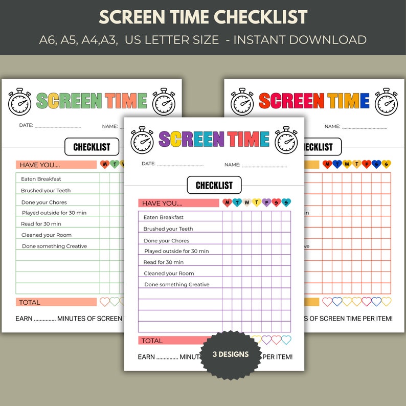 Screen Time Chart Checklist, Editable Printable Screen Time Task Chart ...