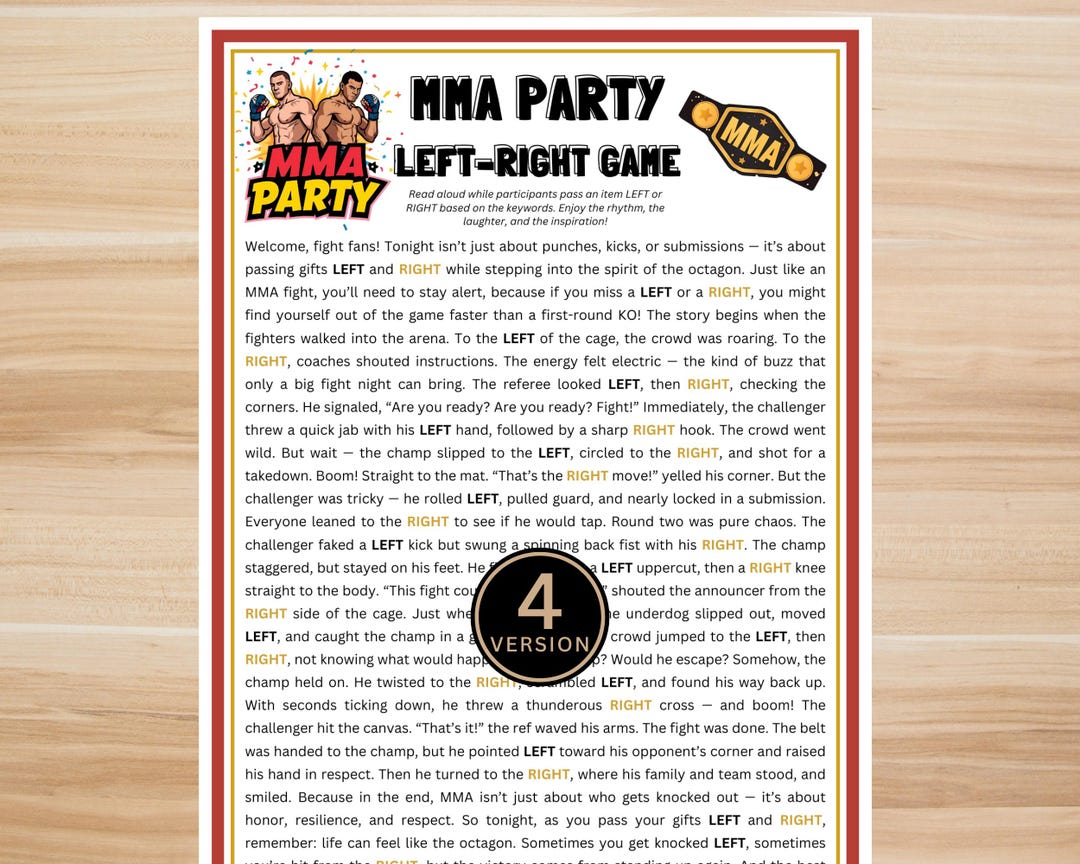 MMA Party Left Right Game Printable – Pass the Gift Story, Fight Night ...