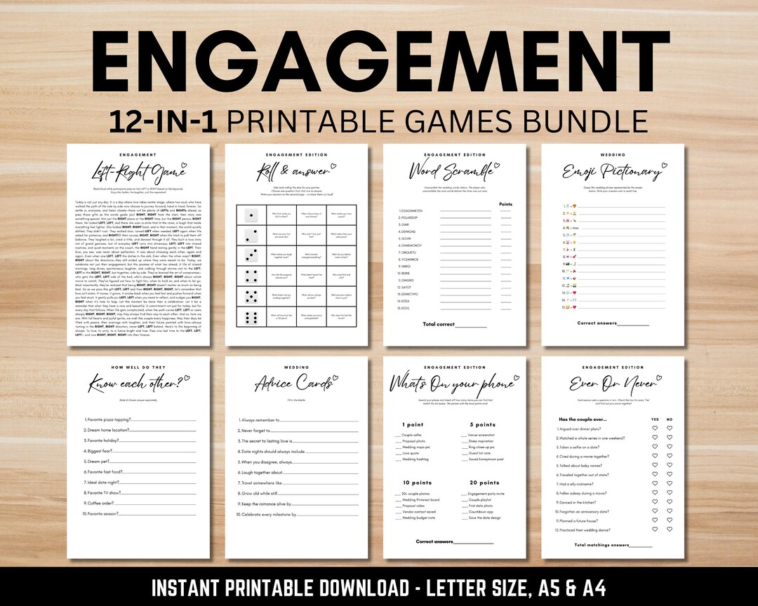 Engagement Party Games Printable Bundle, 12 Minimalist Wedding Shower ...
