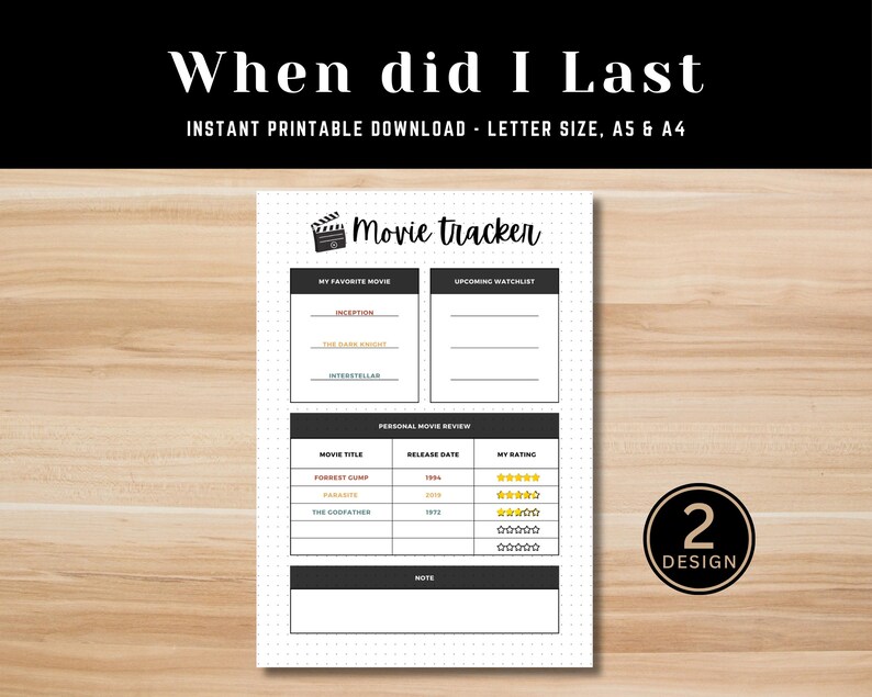 Printable Movie Tracker Journal Page Film Log Planner Template for ...