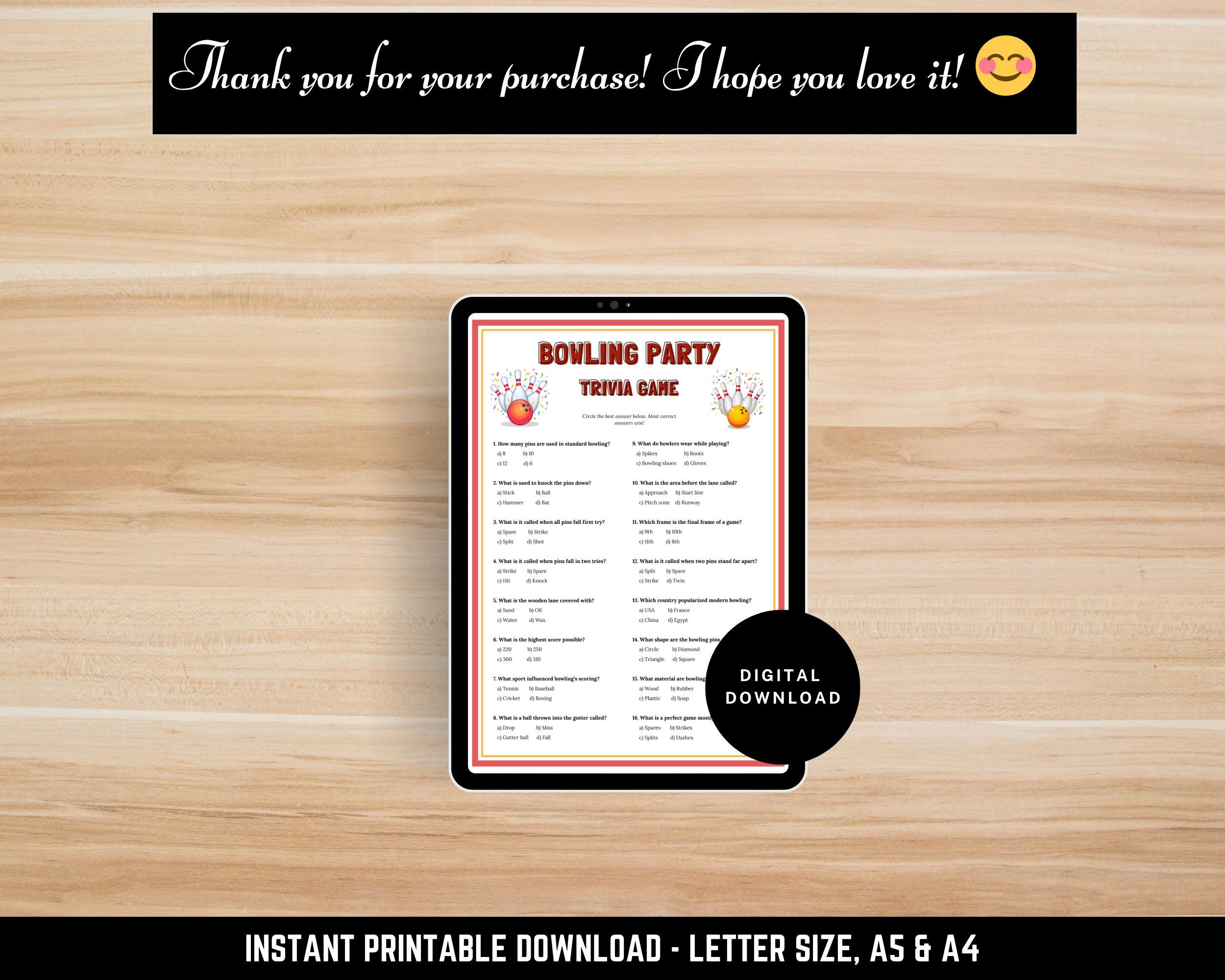 Bowling Party Trivia Game, Printable Bowling Birthday Game, Sports ...