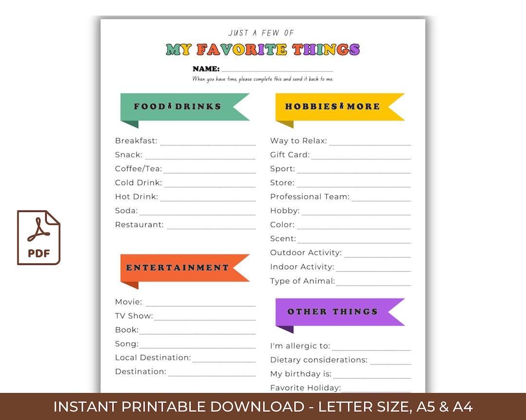 My Favorite Things Survey: Printable Questionnaire for Getting to Know ...
