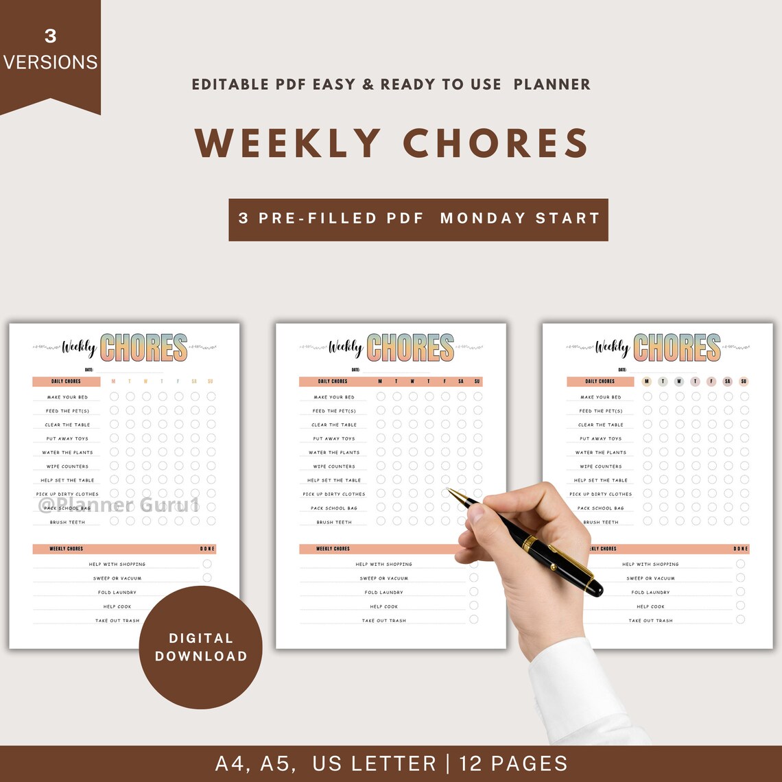 Chore Chart, Printable, Editable Daily and Weekly Chore Sheets Tasks ...