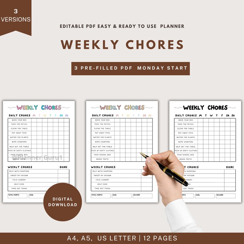 Editable Chore Chart for Kids, Daily & Weekly Chore Chart for Teens ...