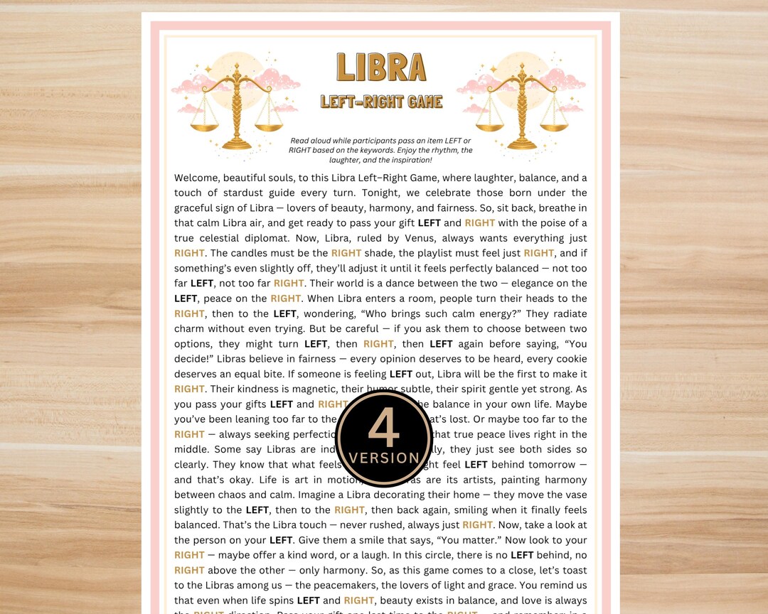 Libra Left Right Game Printable – Zodiac Party Game, Libra and Laughter ...