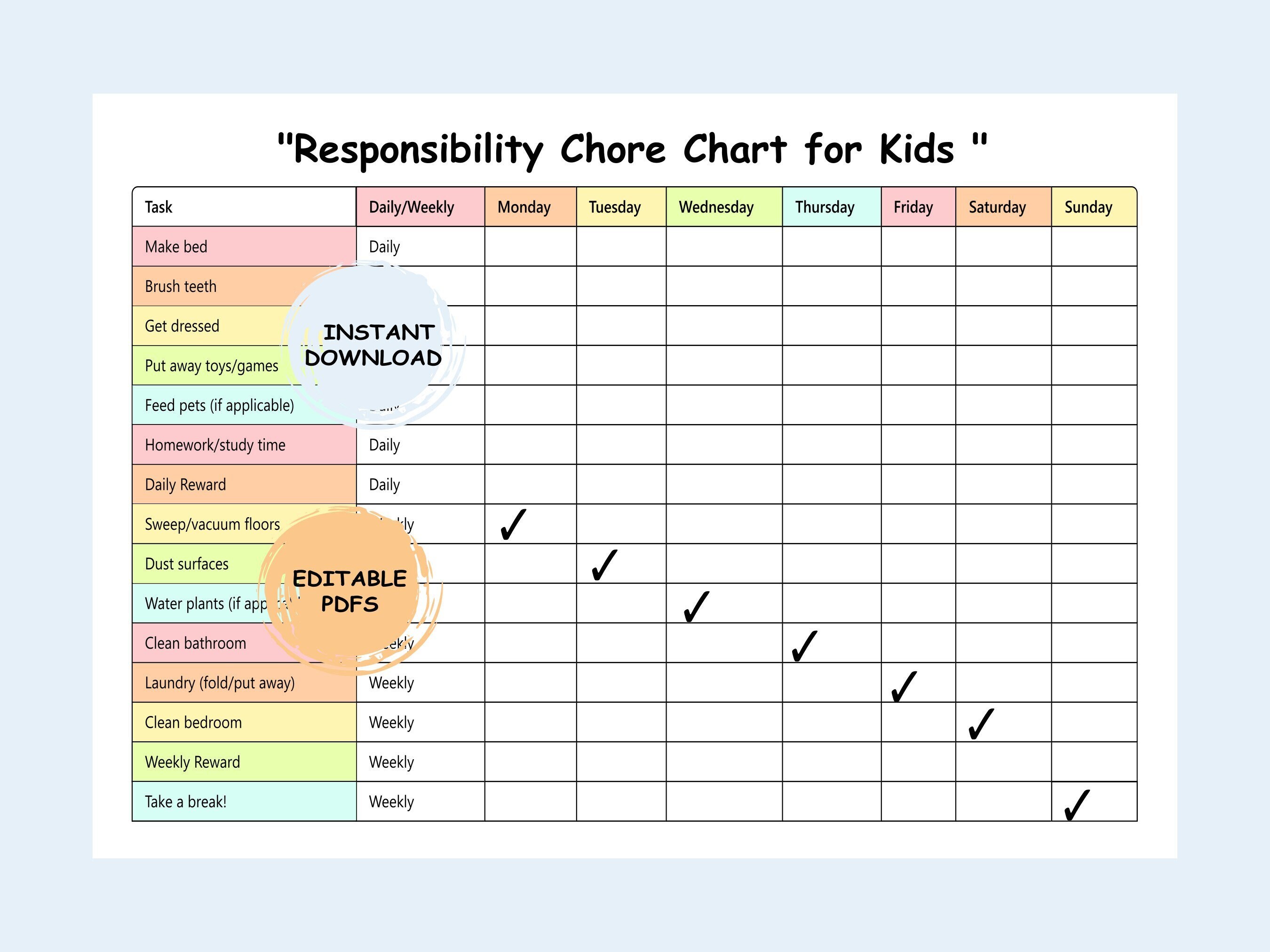 Chore Chart for Kids Editable Responsibility Checklist - Etsy