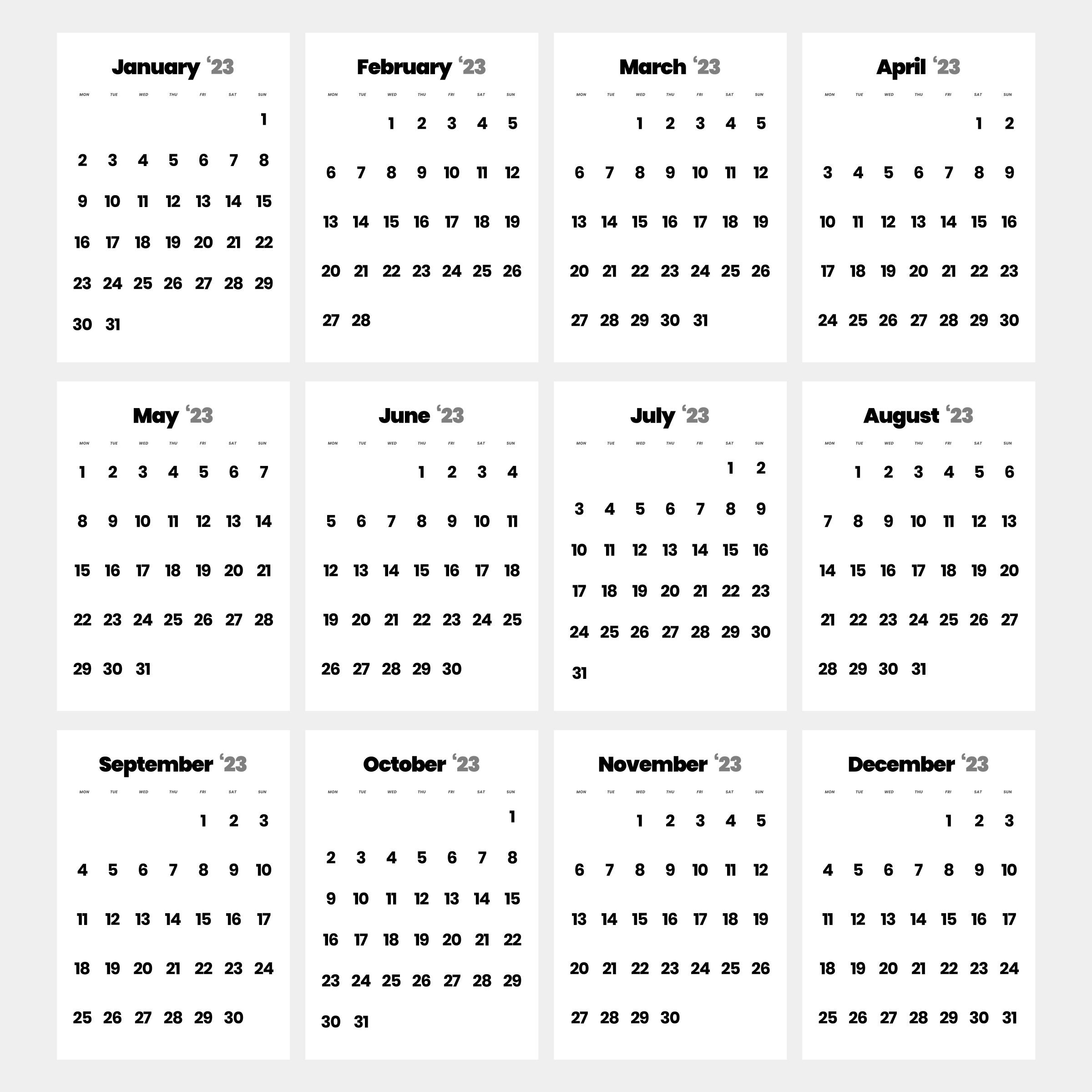 Printable Monthly Calendar 2023. Flip Calendar 2023. A4, A3 ...