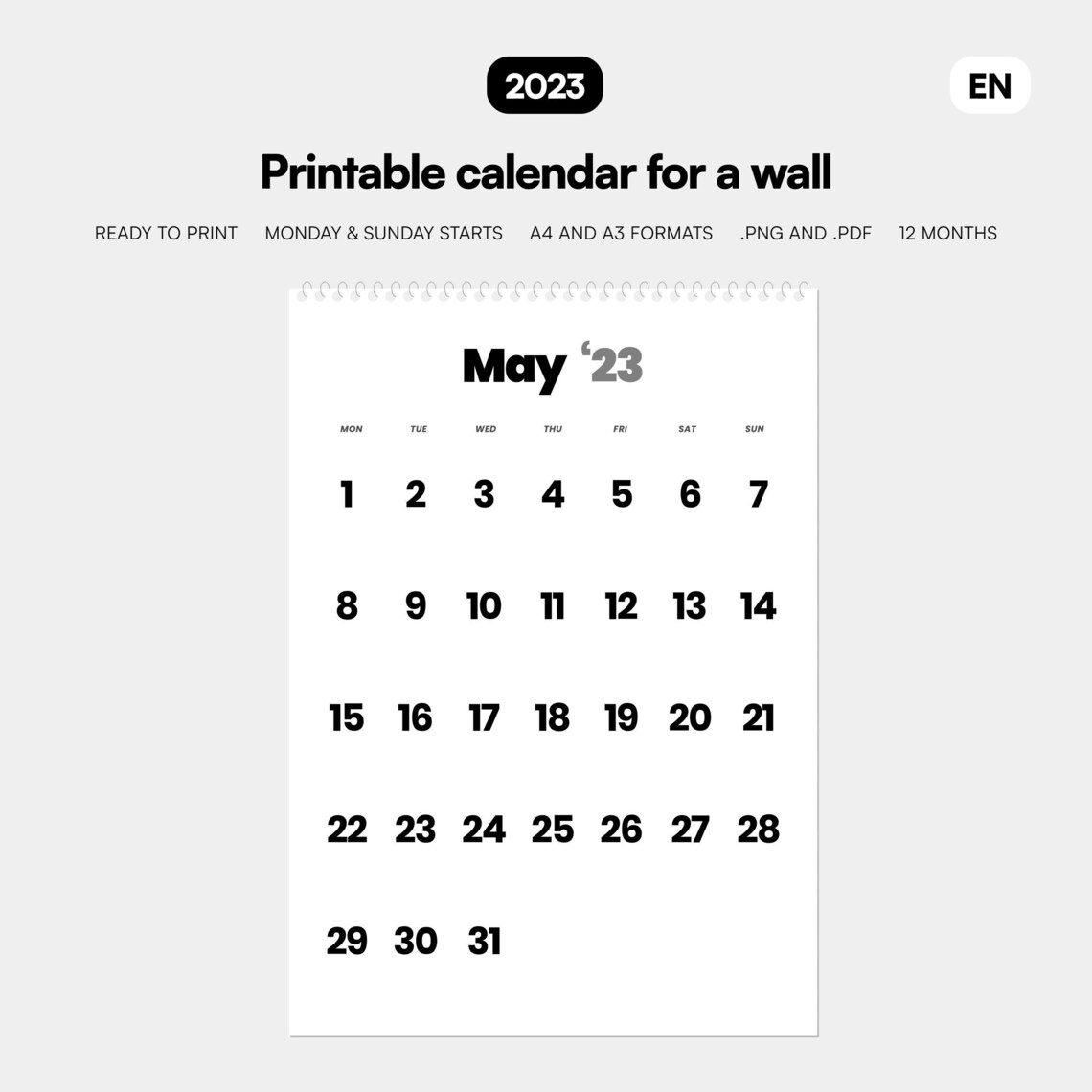 Printable Monthly Calendar 2023. Flip Calendar 2023. A4, A3 ...