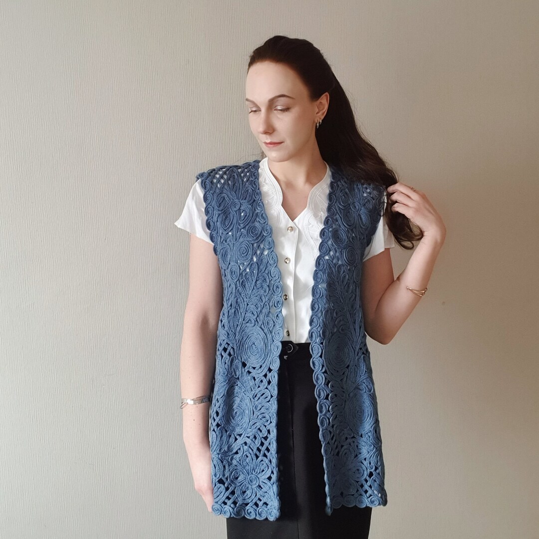 Vintage Knitted Swirl and Check Pattern Longline Vest in Blue - Etsy