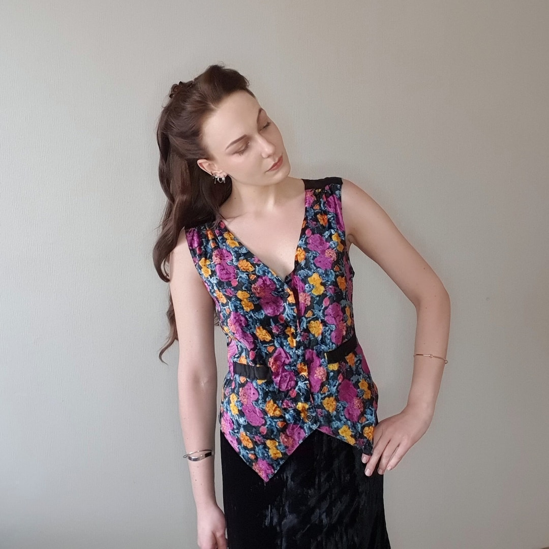 Vintage Contrast Velveteen Bright Floral Colourful Waistcoat - Etsy