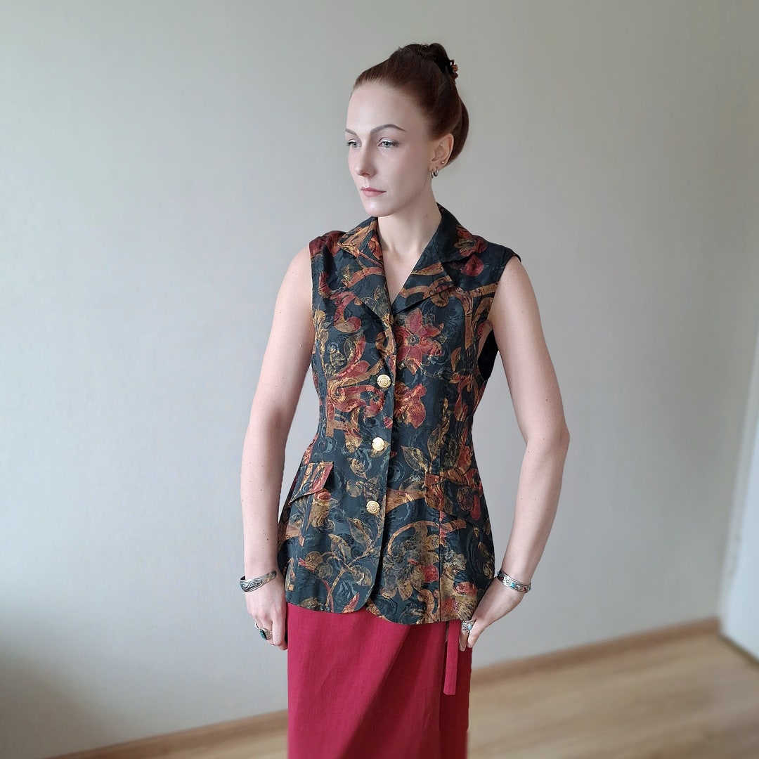 Vintage 90s Floral Jacquard Longline Waistcoat in Multicolor - Etsy