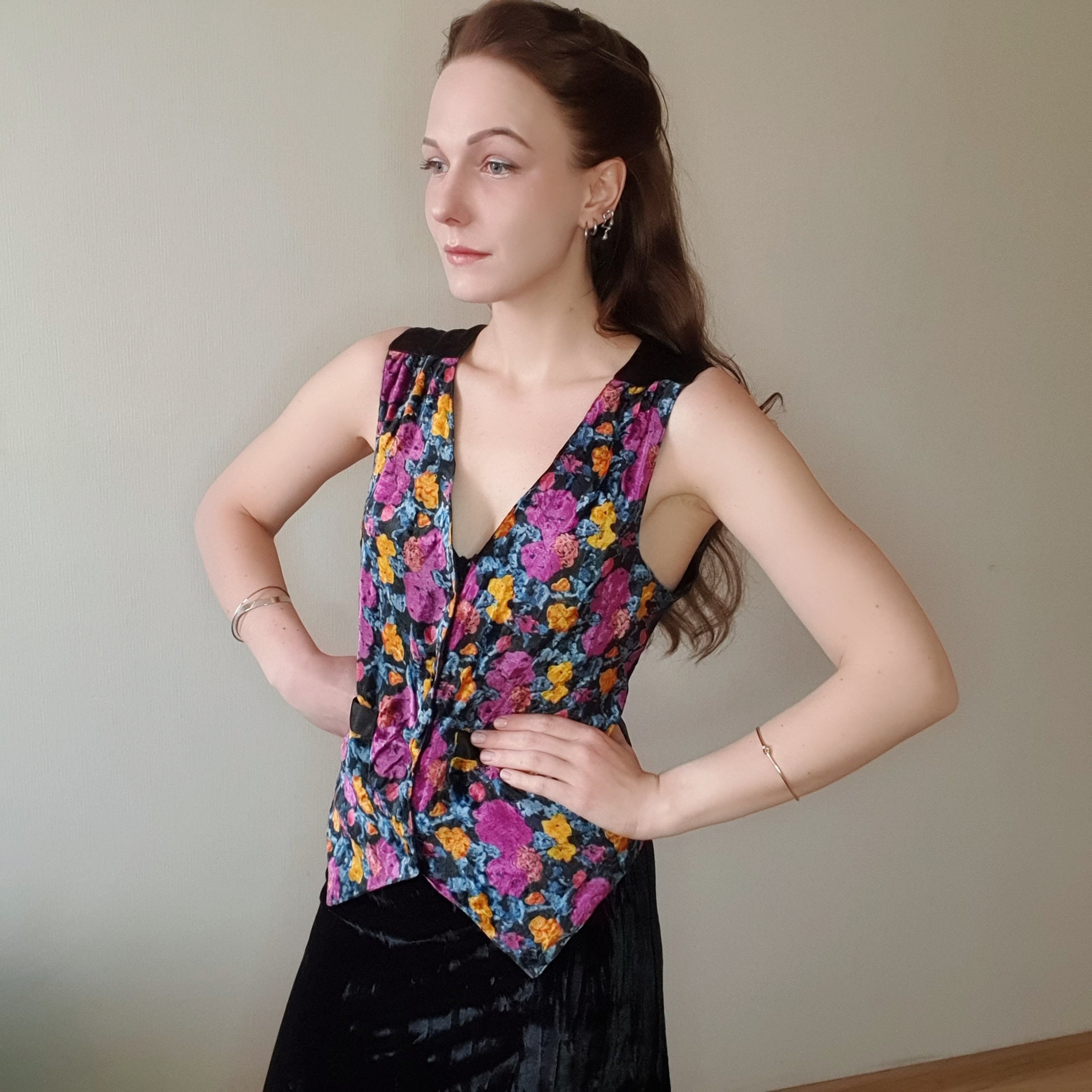 Vintage Contrast Velveteen Bright Floral Colourful Waistcoat - Etsy