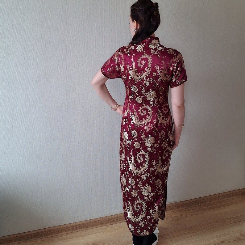 Vintage Cheongsam Qipao Oriental Satinlike Maxi Dress in Deep Red and ...