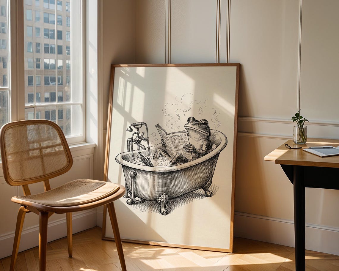 Frog in Bathtub Reading Newspaper Print Bathroom Humor for Home or ...