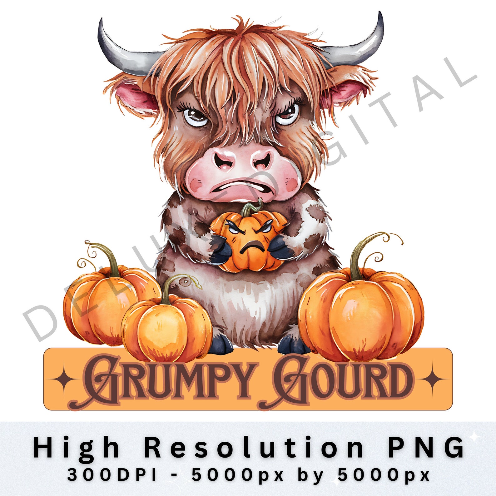 Grumpy Gourd Highland Cow PNG, Watercolor Baby Cow PNG, Highland Cow ...