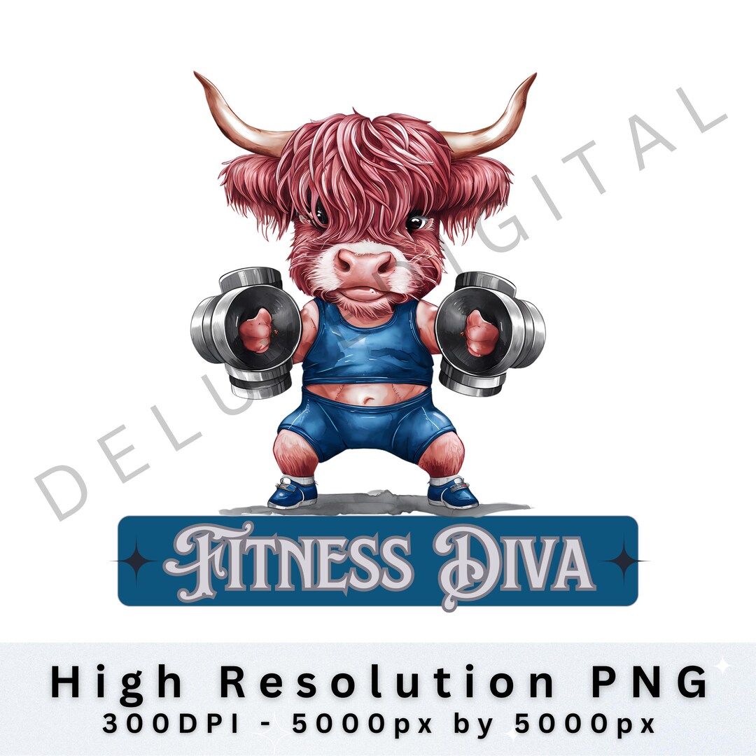 Fitness Diva PNG, Watercolor Cow PNG, Highland Cow Sublime PNG Design ...