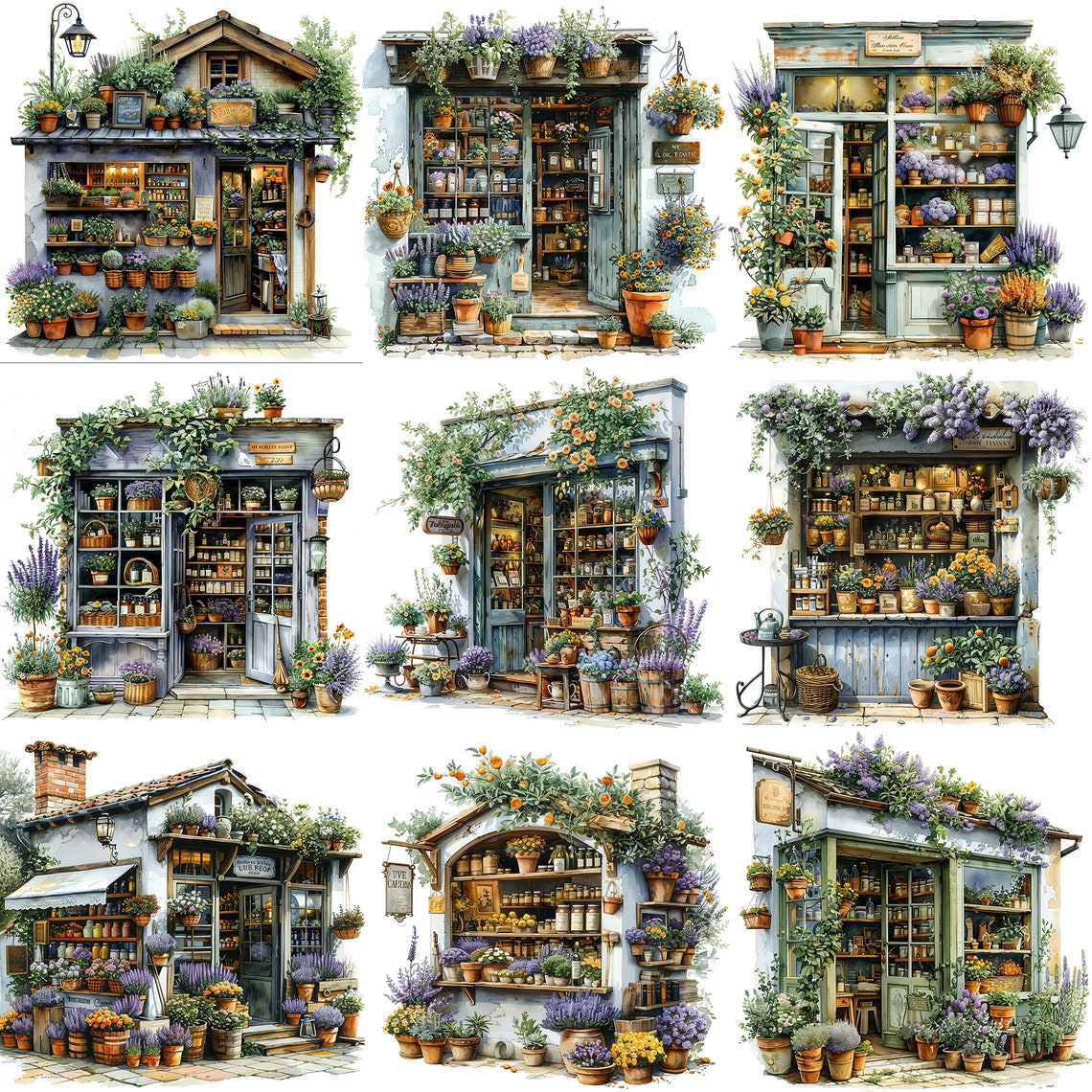 JPEG Watercolor Vintage Flower Shop Fronts JPEG Vintage Clipart Flower ...
