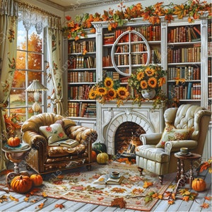 Watercolor Autumn Cozy Library JPEG Halloween Autumn Pumpkin Harvest ...