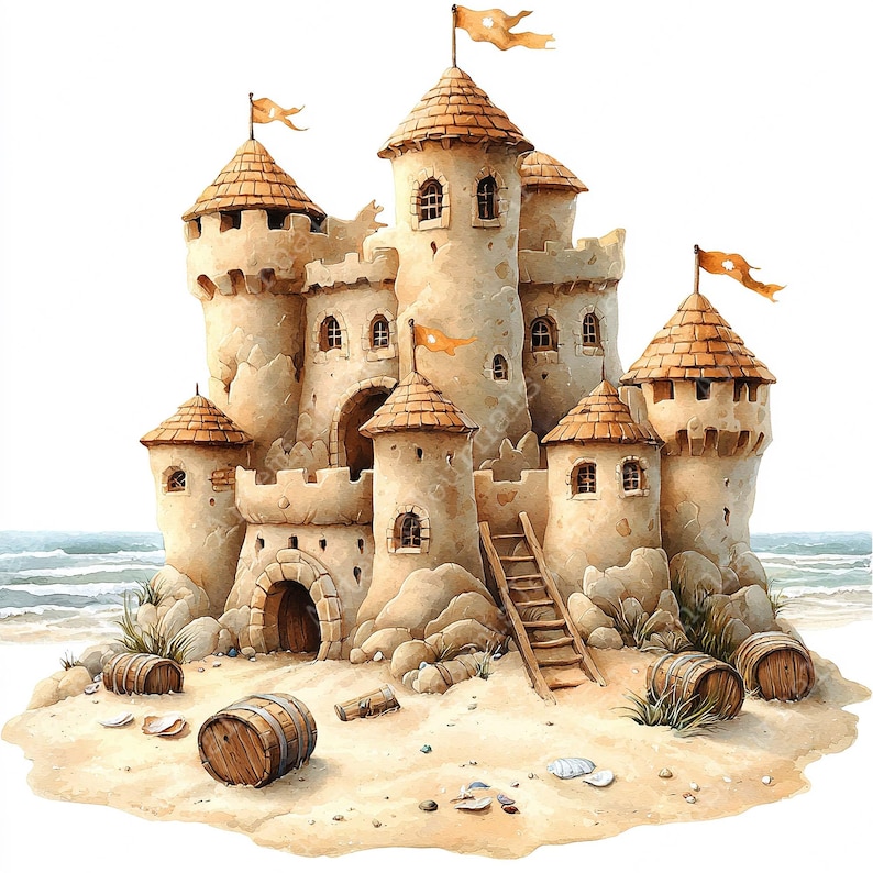 JPEG Watercolor Sandcastle Clipart Bundle Summer Clipart Beach Clipart ...