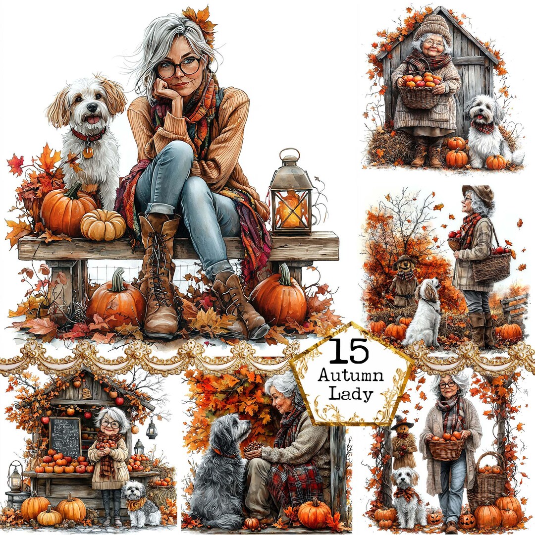 JPEG Cute Grandma Autumn Garden Clipart Bundle Grandma and Pumpkins ...