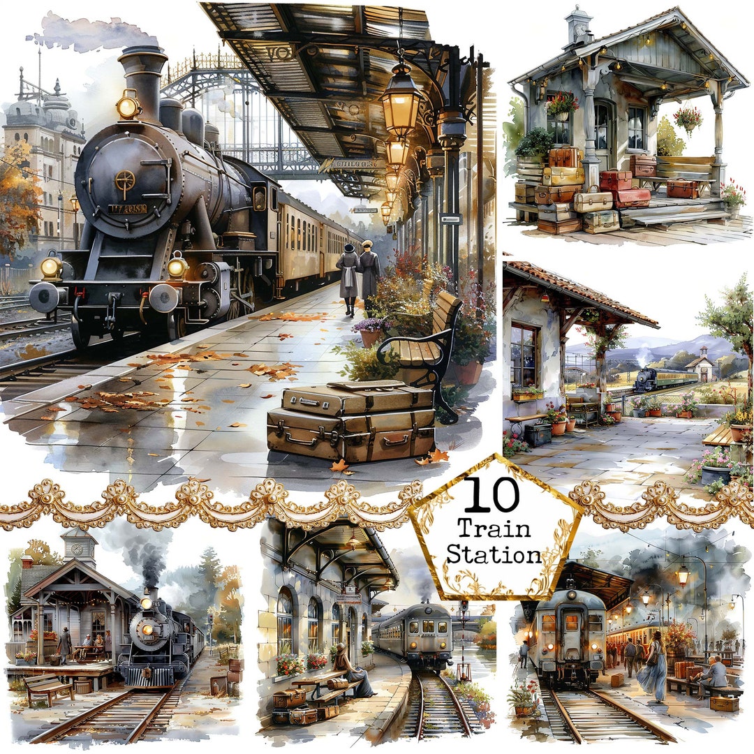 JPEG Watercolor Vintage Train Station Clipart Bundle JPEG Commercial ...