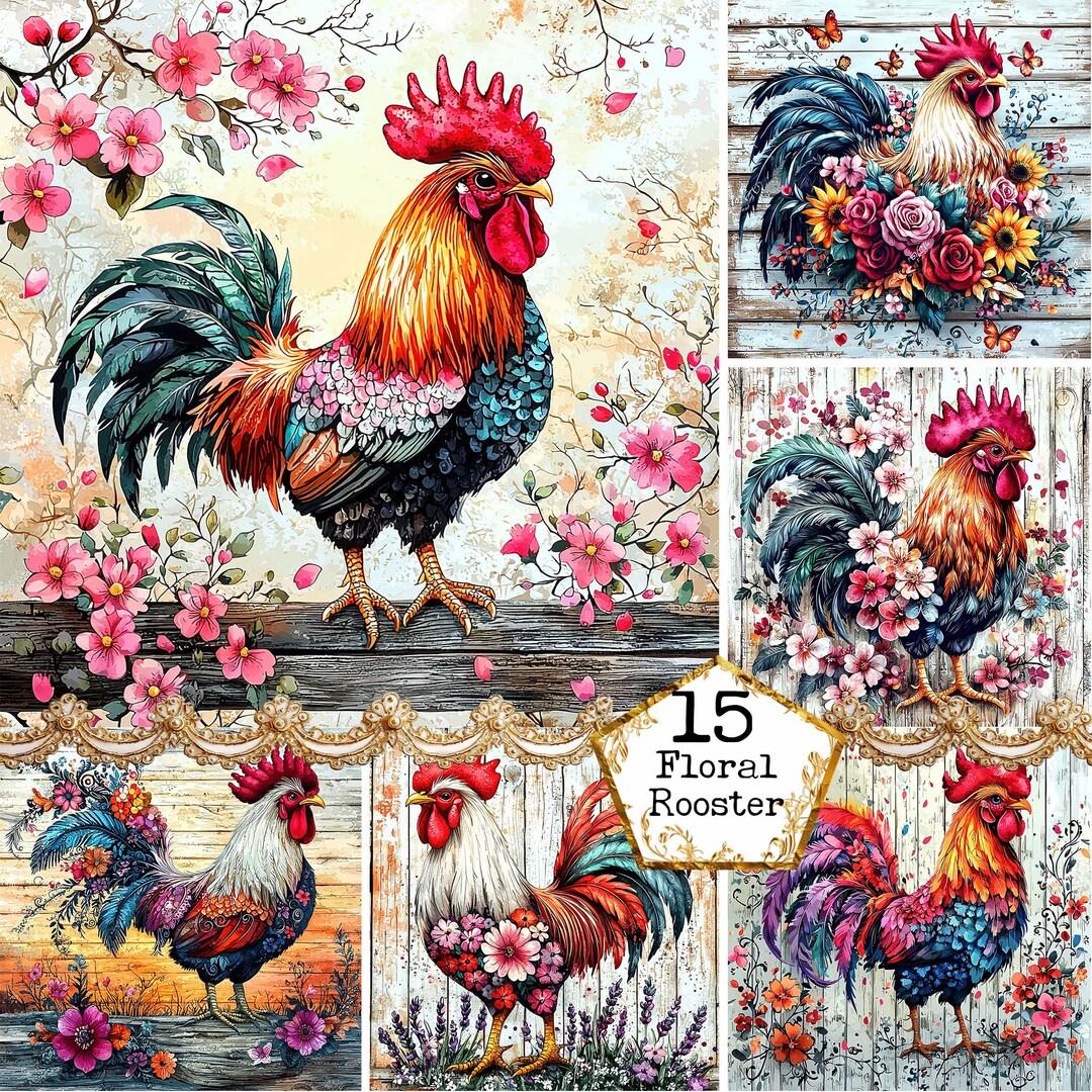 JPEG Mixed Media Art Roosters Graphics Folk Art Clipart Floral Roosters ...