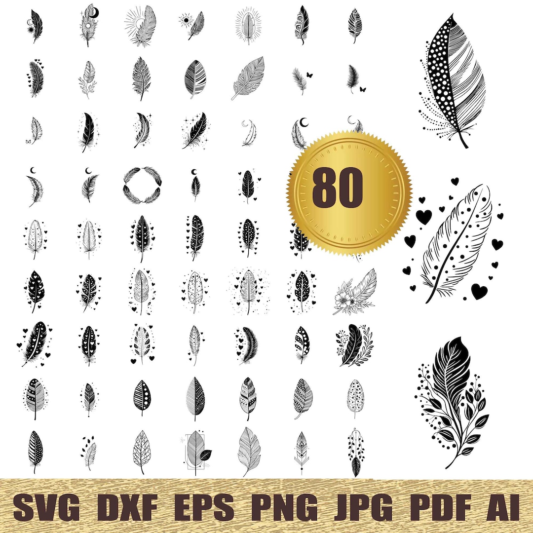 80 Feather Svg, Dxf, Eps, Ai, Pdf, Jpg, Png Feather Cut Files Silhouette Files for Cricut Vector ...