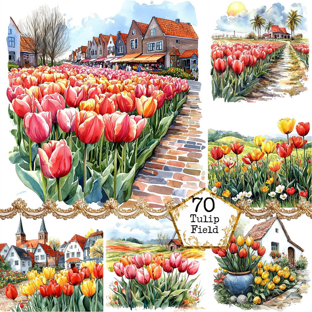 JPEG Watercolor Tulip Scene Clipart Bundle Spring Flowers Clipart ...