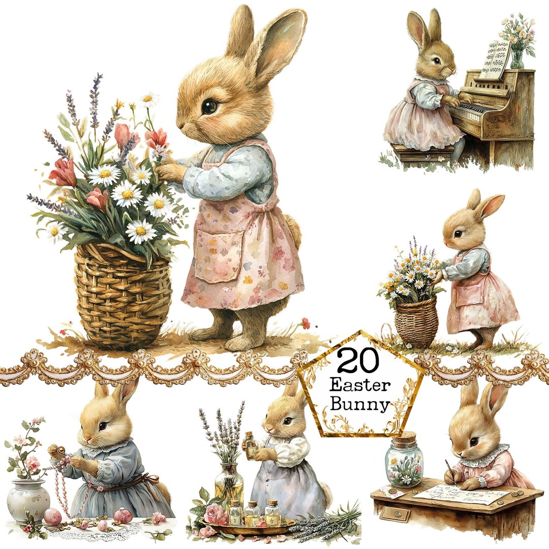 PNG + JPEG Watercolor Spring Bunny Clipart Bundle Character Bunny ...