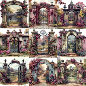 JPEG Watercolor Fantasy Garden Gate Clipart Bundle Garden Door Stone ...