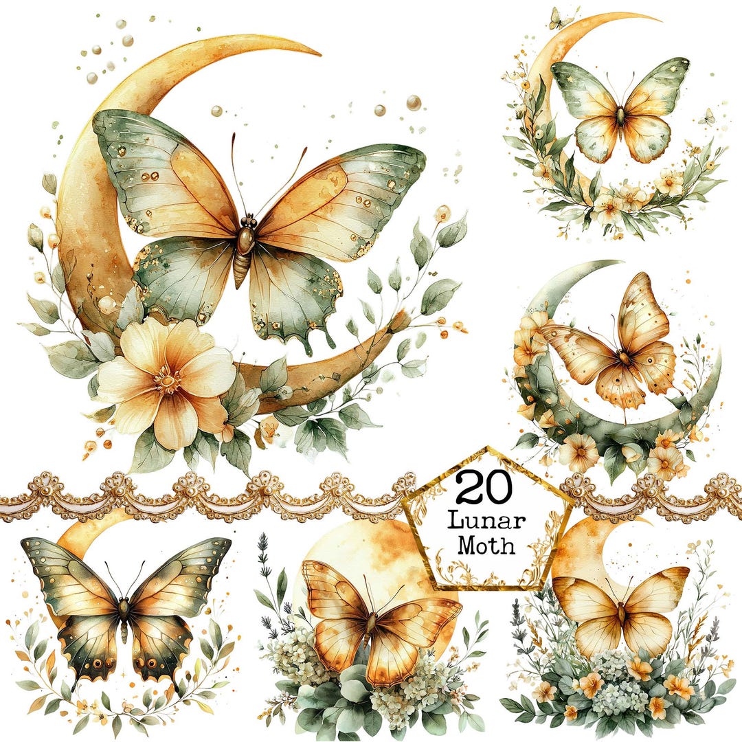 PNG + JPEG Watercolor Lunar Moth Clipart Bundle Spring Clipart Mystical ...