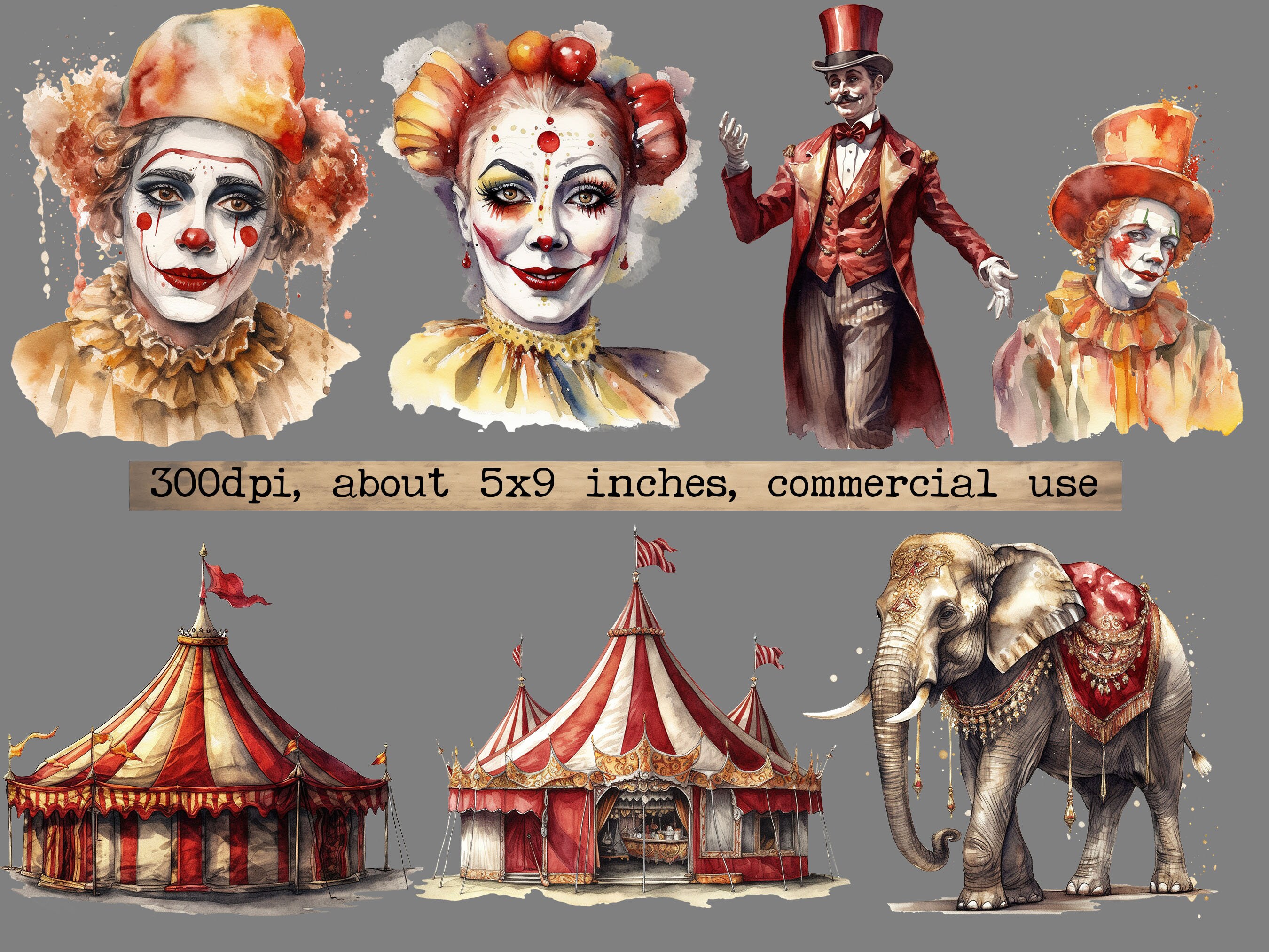 Victorian Vintage Circus Watercolor Clipart, Victorian Circus, Elephant ...