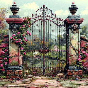 JPEG Watercolor Fantasy Garden Gate Clipart Bundle Garden Door Stone ...