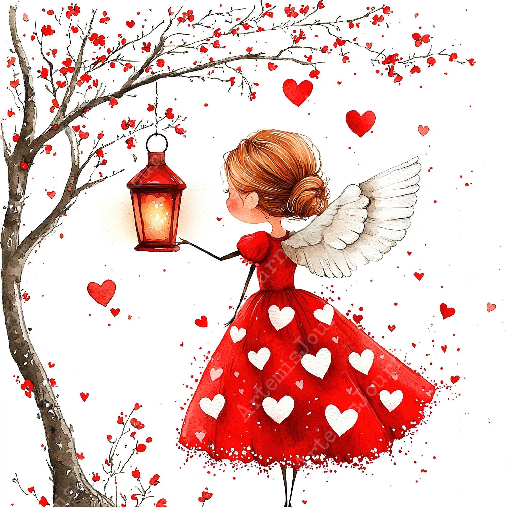 JPEG Watercolor Whimsical Valentine's Angel Clipart Bundle Cute Hearts ...