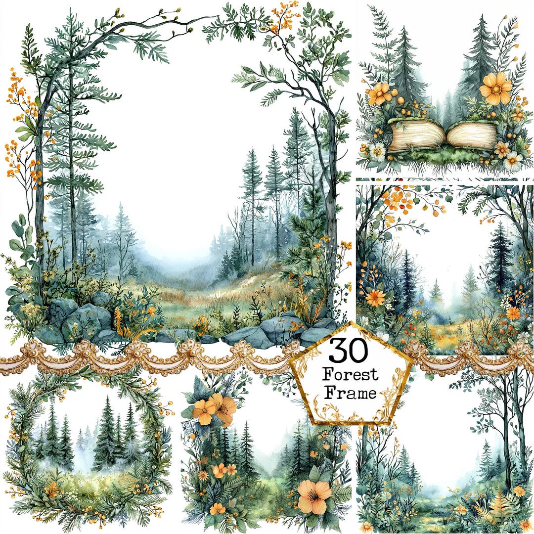 JPEG Watercolor Forest Frames Clipart Bundle Forest Border Tree Frames ...