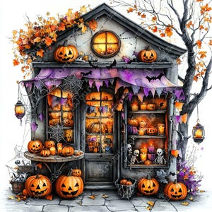 JPEG Watercolor Halloween Shop Fronts Clipart Halloween Graphics ...