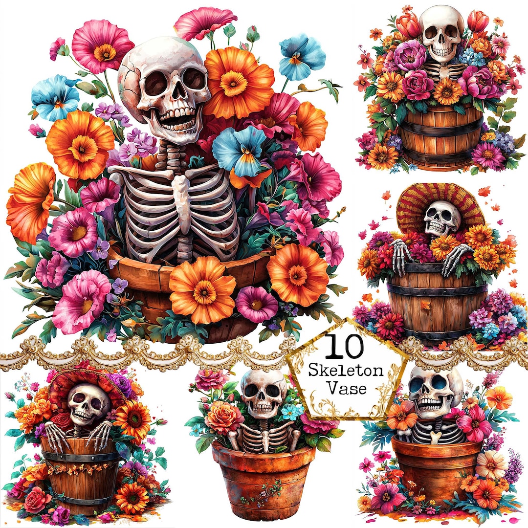 JPEG Skeleton Vase Clipart Bundle Floral Skeleton Halloween Funny ...