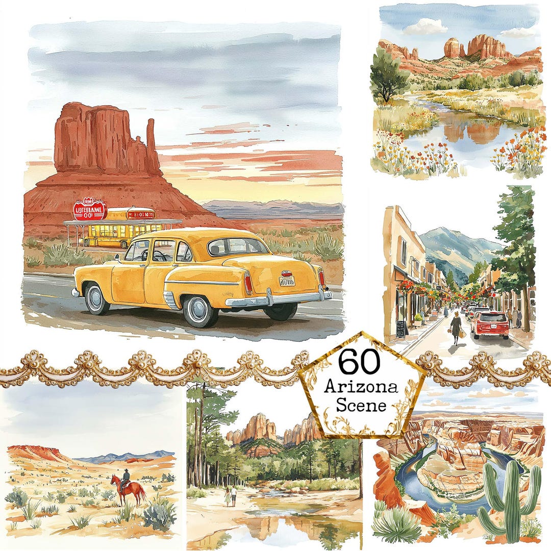 JPEG Watercolor Arizona Clipart Printable Desert Landscape Painting ...
