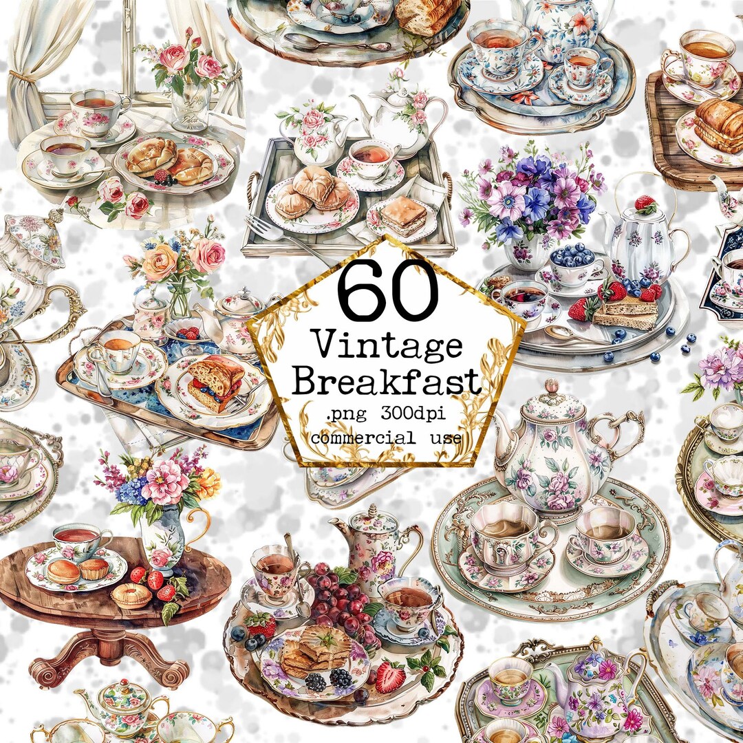 PNG Watercolor Vintage Breakfast Clipart Bundle Shabby Chic Clipart ...