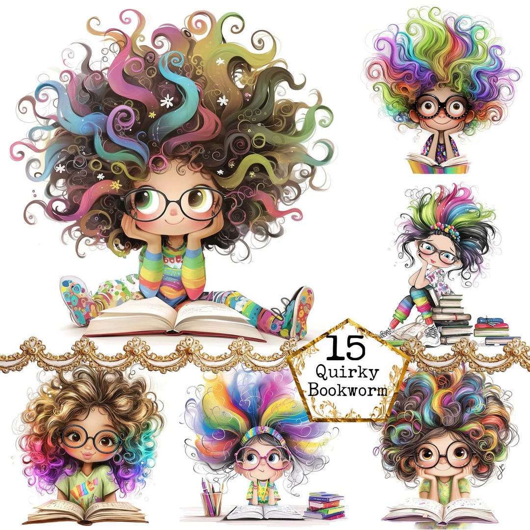 JPEG Watercolor Quirky Bookworm Girl Clipart Bundle Whimsical Girl ...