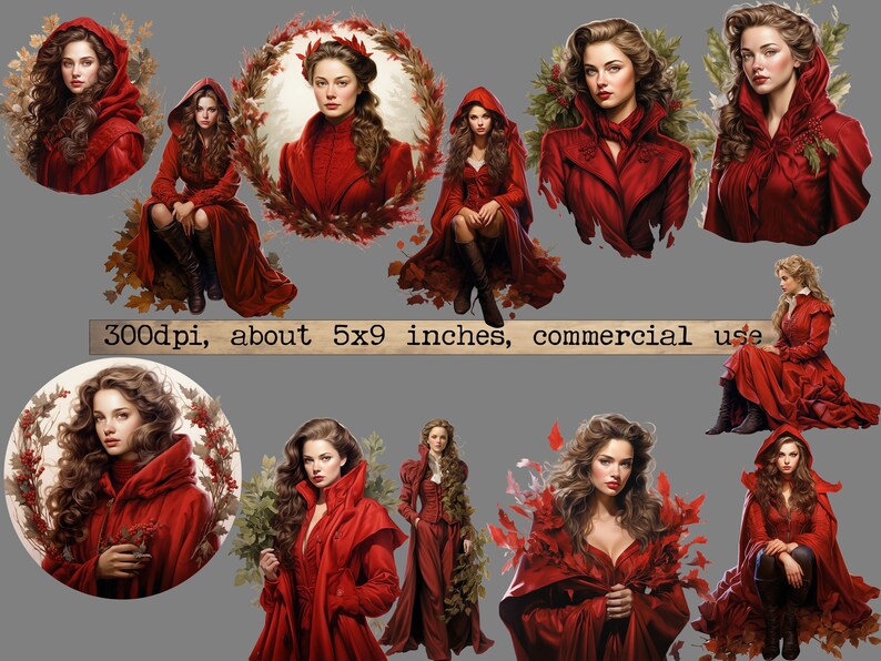 PNG Watercolor Red Fall Lady Clipart Bundle Romantic Clipart Lady PNG ...