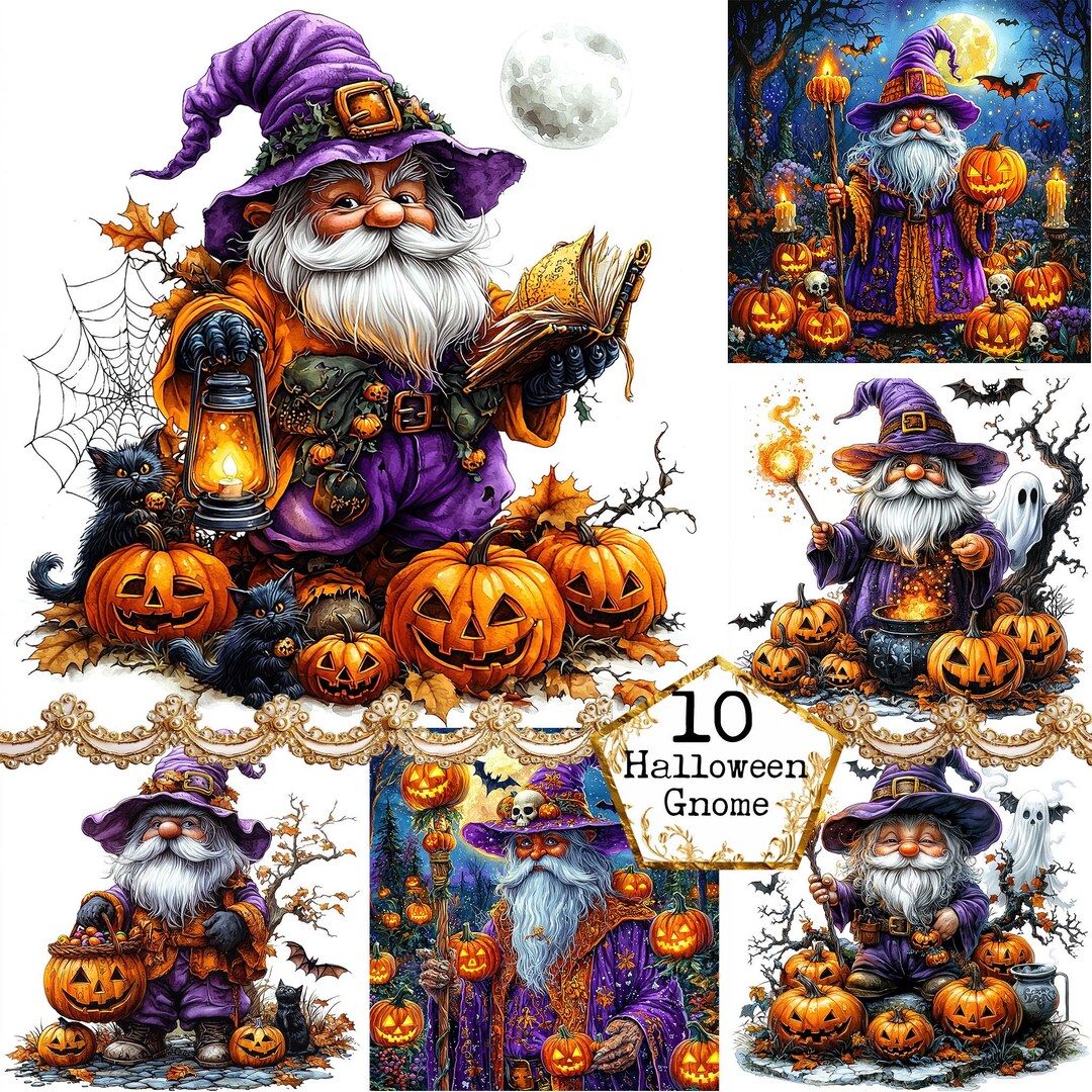 JPEG Watercolor Gnome Clipart Bundle Halloween Gnome Clipart Witchy ...